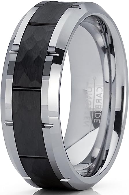 Magni Beveled Men's Black Hammered Grooved Tungsten Carbide Wedding Ba ...