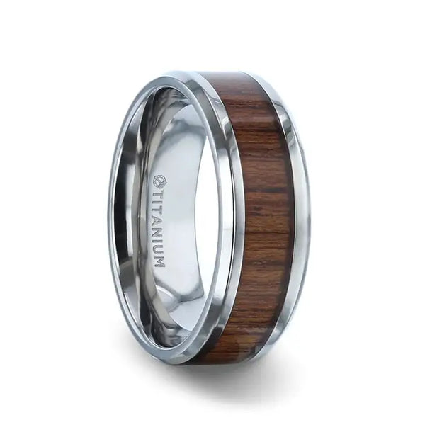 Tristan Teak Wood Inlaid HIghly Polished Titanium Ring With Beveled Ed ...