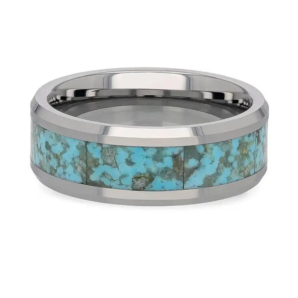 TURCHESE Light Turquoise Spider Web Inlay Tungsten Ring With Beveled E ...