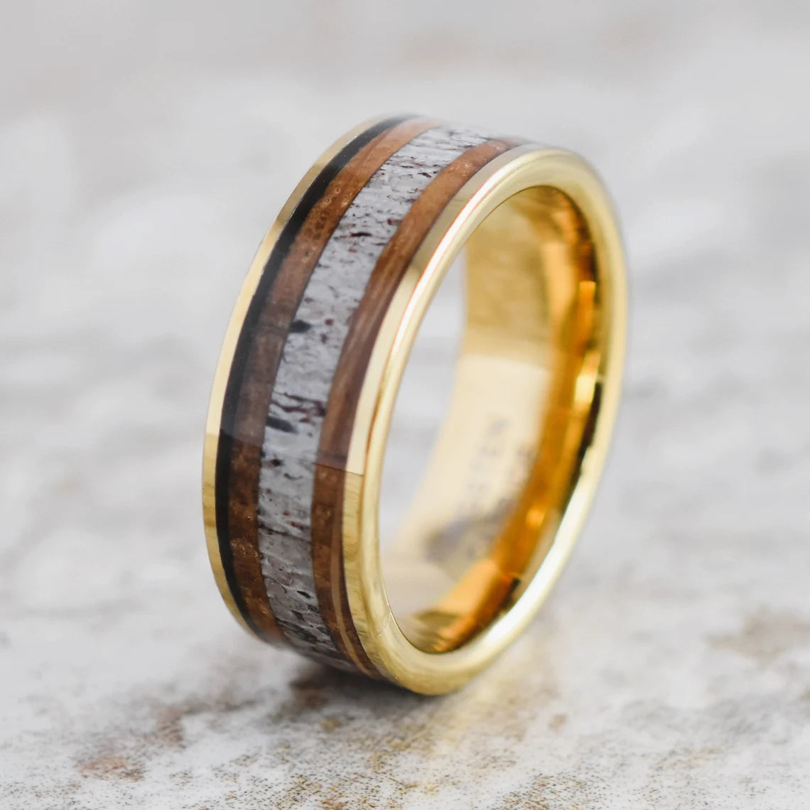 Dominy Tungsten Ring Whiskey Barrel Deer Antler Ring Yellow Gold Inner 6mm 8MM