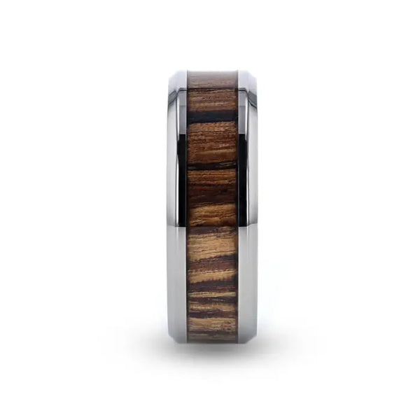 ZINGANA Titanium Ring With Beveled Edges And Real Zebra Wood Inlay - 8 ...