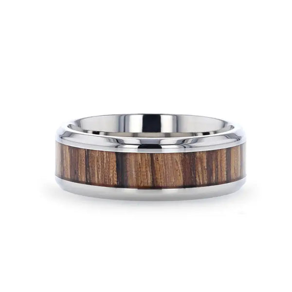 ZINGANA Titanium Ring With Beveled Edges And Real Zebra Wood Inlay - 8 ...