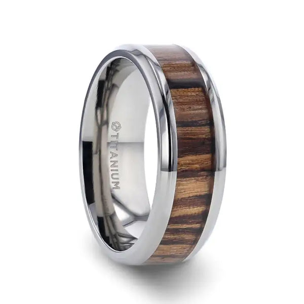 ZINGANA Titanium Ring With Beveled Edges And Real Zebra Wood Inlay - 8 ...