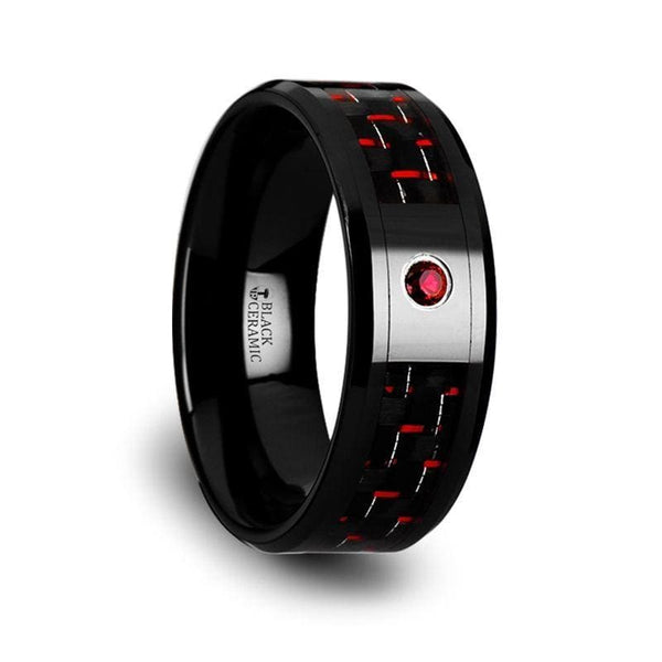 BARON Men’s Ceramic Ring With Black And Red Carbon Fiber And Red Ruby ...