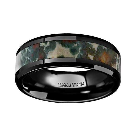 Black Camo Ceramic Wedding Ring Coprolite Fossil Inlay Beveled Polishe ...