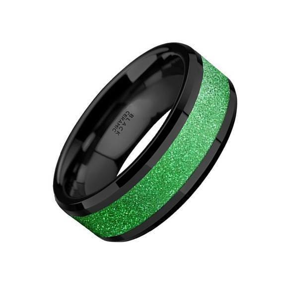 Black Ceramic Wedding Ring Sparkling Green Inlay Beveled Polished Fini ...