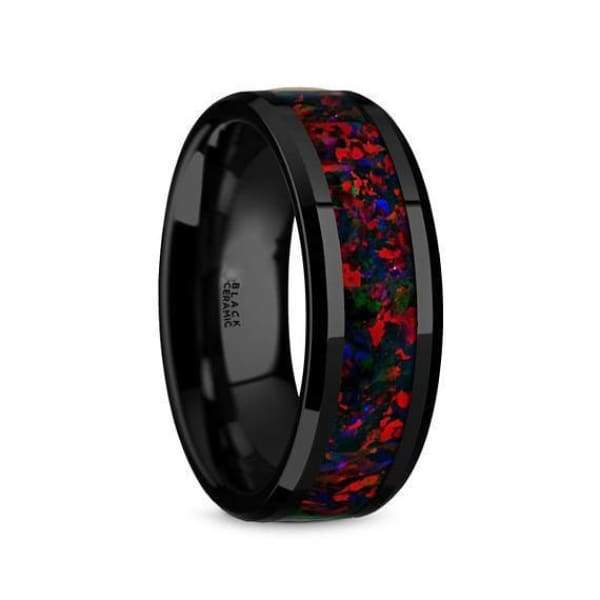 Black Ceramic Wedding Ring With Black Opal Inlay Beveled Polished Fini ...