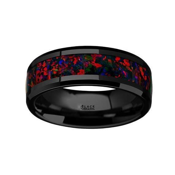 Black Ceramic Wedding Ring With Black Opal Inlay Beveled Polished Fini ...
