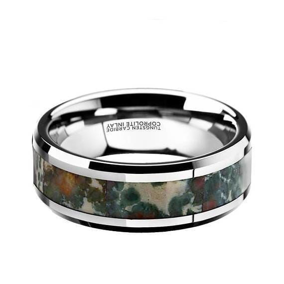 Camo Tungsten Wedding Ring Coprolite Fossil Inlay Beveled Polished Fin ...