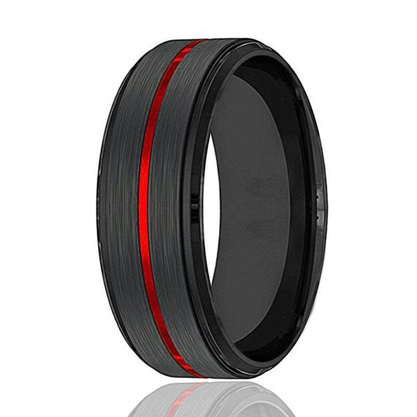Men s Black Tungsten Carbide Wedding Band With Fire Red Grooved Center 8mm The Artisan Rings