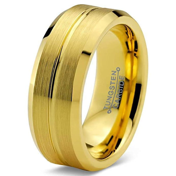 Men’s Yellow Gold IP Tungsten Wedding Ring Bevel Edges and Grooved ...