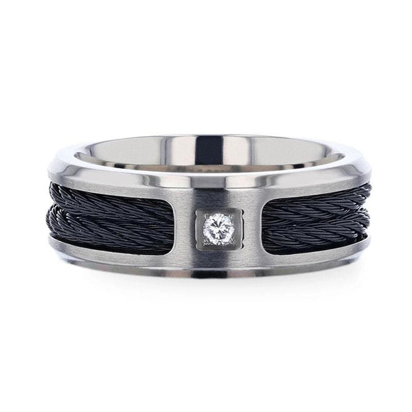 OURAY Beveled Black Rope Cables Inlaid Titanium Ring With Diamond Cent ...