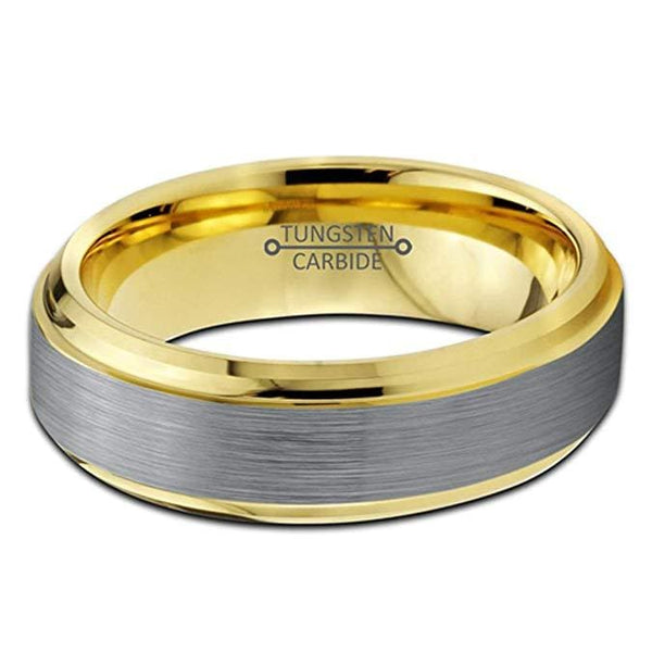 Tungsten Ring Yellow Gold IP Brushed Polished Comfort Fit with Stepped ...