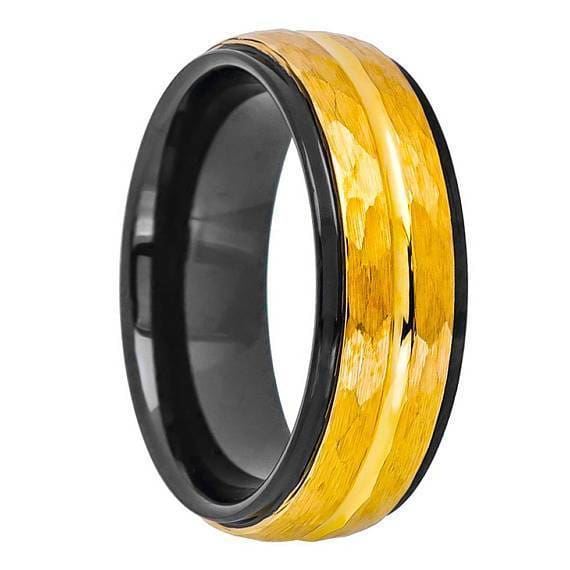Two-Tone Hammered Finish Tungsten Ring Yellow Gold IP Inlaid Grooved C ...